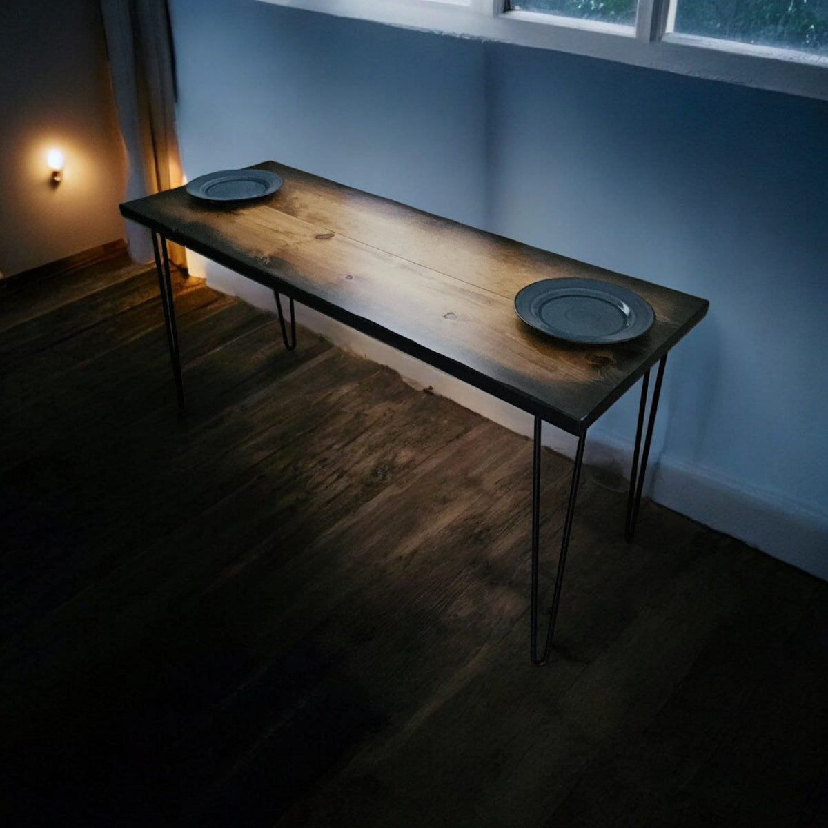 Sunburst Wood Dining Table Reclaimed Distressed Industrial with hairpi ...