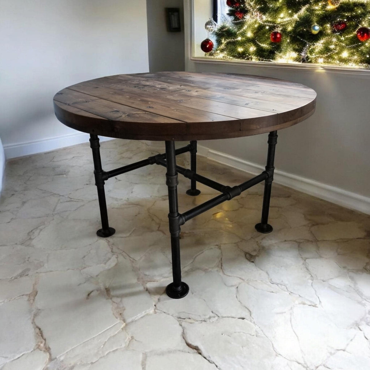 Reclaimed Distressed Round Dining Table Heavy Duty Iron Pipe Legs Ch